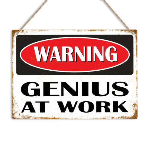 Warning Genius At Work Retro Tin Sign - Real Groovy